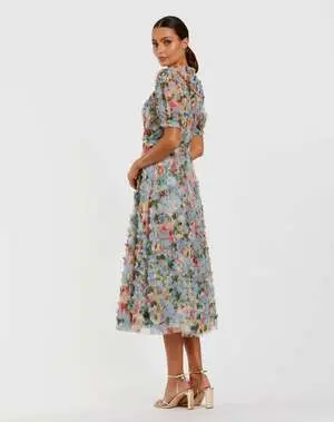 Mac Duggal Floral Mesh Ruffle Midi Dress