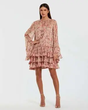 Mac Duggal Floral Ruffled Long Sleeve Mini Dress - Pink Multi