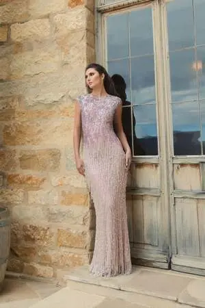 Mac Duggal Embellished Cap Sleeve Gown With Fringe Beading