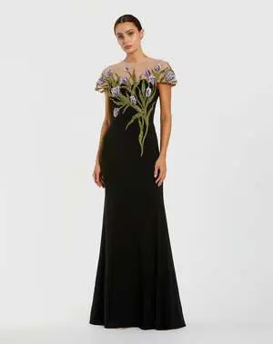 Mac Duggal High Neck Floral Embroidered Jersey Gown - Black Multi