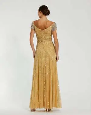Mac Duggal Sequin Evening Gown With Embellished Sleeves - Gold