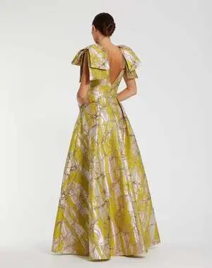 Mac Duggal Layered Shoulder Bow Metallic A-line Gown