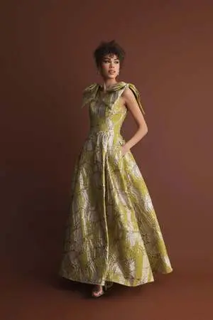 Mac Duggal Layered Shoulder Bow Metallic A-line Gown