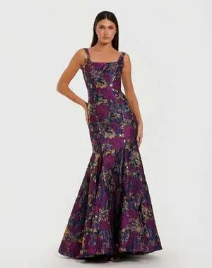 Mac Duggal Sleeveless Brocade Trumpet Gown - Midnight Multi