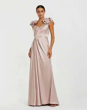 Mac Duggal Faux Wrap Satin Gown With 3d Flower Straps - Rose