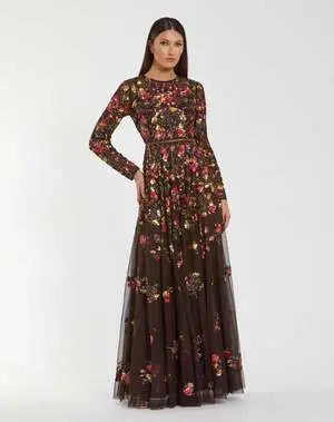 Mac Duggal Embellished Floral Gown - Espresso Multi