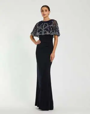 Mac Duggal Fitted Jersey Gown With Embellished Cape