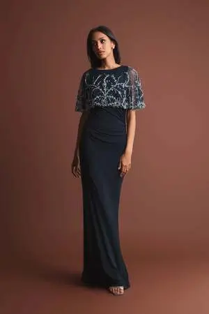 Mac Duggal Fitted Jersey Gown With Embellished Cape
