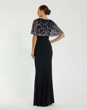 Mac Duggal Fitted Jersey Gown With Embellished Cape