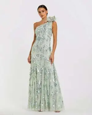 Mac Duggal Embellished One Shoulder Trumpet Gown With Feathered Flower - Sage