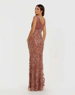 Mac Duggal Floral Beaded Chiffon V-neck Evening Gown - Pink