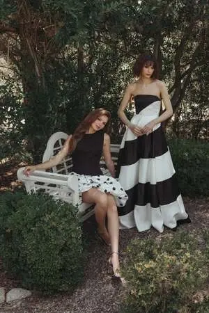 Mac Duggal Satin Strapless Striped Ball Gown - Black Ivory | Editorialist