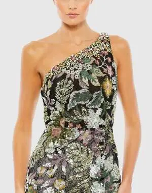 Mac Duggal Floral Sequined Embroidered One Shoulder Trumpet Gown