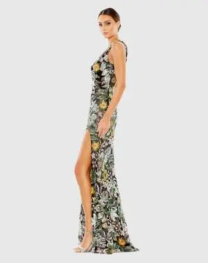 Mac Duggal Floral Sequined Embroidered One Shoulder Trumpet Gown