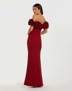 Mac Duggal Off-the-shoulder Crepe Gown With 3d Roses