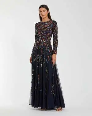 Mac Duggal Beaded Long Sleeve A-line Gown - Midnight Multi