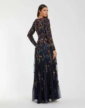 Mac Duggal Beaded Long Sleeve A-line Gown - Midnight Multi