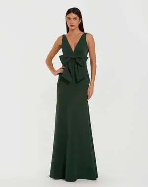 Mac Duggal Crepe Sleeveless V-neck Gown With Bow