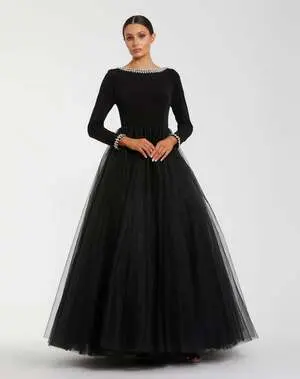 Mac Duggal Long Sleeve Embellished Tulle Ball Gown - Black
