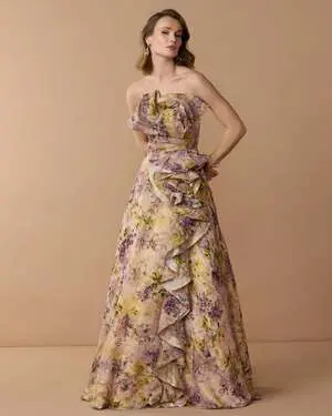 MAC DUGGAL COLLECTION Floral Ball Gown With Ruffle Detail - Blush Multi