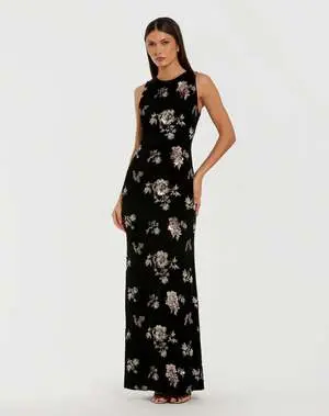 Mac Duggal Floral Embellished Velvet Evening Gown - Black Multi