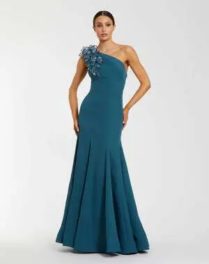 Mac Duggal One-shoulder Mermaid Gown With Floral Appliqu - Ocean Blue