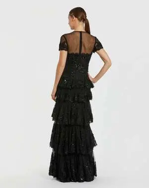 MAC DUGGAL COLLECTION Embellished High Neck Gown With Tiered Ruffle Skirt
