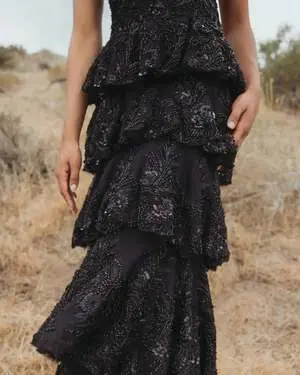 MAC DUGGAL COLLECTION Embellished High Neck Gown With Tiered Ruffle Skirt