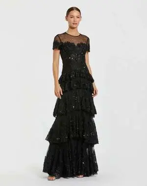 MAC DUGGAL COLLECTION Embellished High Neck Gown With Tiered Ruffle Skirt