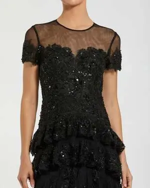 MAC DUGGAL COLLECTION Embellished High Neck Gown With Tiered Ruffle Skirt