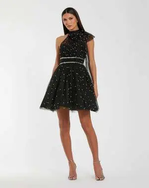 Mac Duggal Pearl-Embellished A-Line Mini Dress With Bow In Black Ivory |  Editorialist