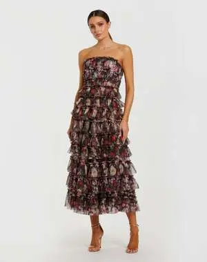 Mac Duggal Floral Print Strapless Midi Dress