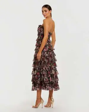 Mac Duggal Floral Print Strapless Midi Dress