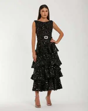 Mac Duggal Sequin Ruffle Midi Dress With Belt