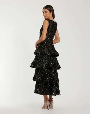 Mac Duggal Sequin Ruffle Midi Dress With Belt
