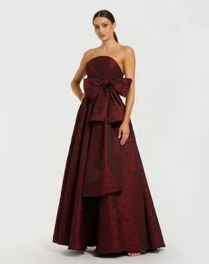 Mac Duggal Strapless Brocade Gown With Bow Detail - Ruby