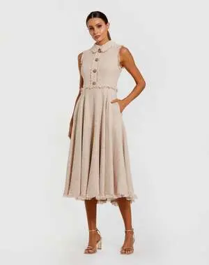 Mac Duggal Boucle Midi Dress With Fringed Trim - Blush