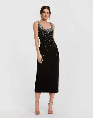 Mac Duggal Beaded Crepe Scoop Neck Midi Dress - Black