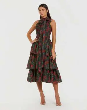Mac Duggal Floral Chiffon Tiered Midi Dress With Bow