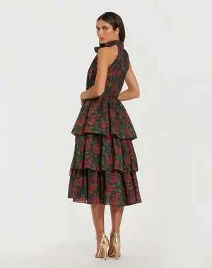 Mac Duggal Floral Chiffon Tiered Midi Dress With Bow