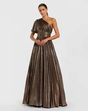 Mac Duggal One-shoulder Pleated Metallic Ball Gown - Bronze