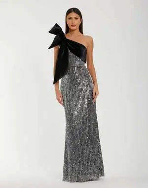 Mac Duggal One Shoulder Embellished Trumpet Gown With Velvet Bow