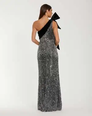 Mac Duggal One Shoulder Embellished Trumpet Gown With Velvet Bow