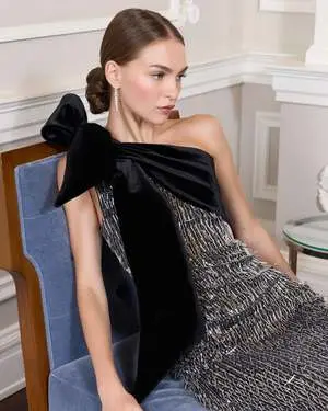 Mac Duggal One Shoulder Embellished Trumpet Gown With Velvet Bow