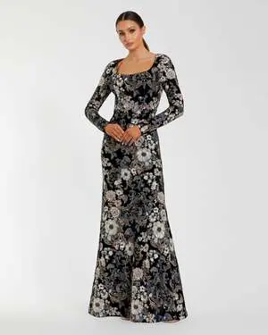 Mac Duggal Floral Embroidered Velvet Evening Gown - Black Multi