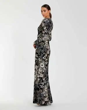 Mac Duggal Floral Embroidered Velvet Evening Gown