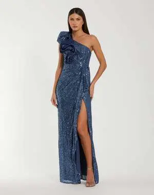 Mac Duggal One Shoulder Sequin Gown - Blue