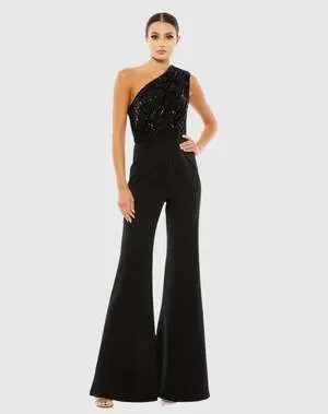 Mac Duggal Sequin One-shoulder Bell-bottom Jumpsuit - Black