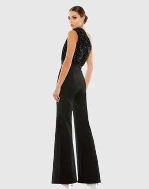 Mac Duggal Sequin One-shoulder Bell-bottom Jumpsuit