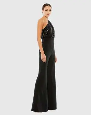 Mac Duggal Sequin One-shoulder Bell-bottom Jumpsuit